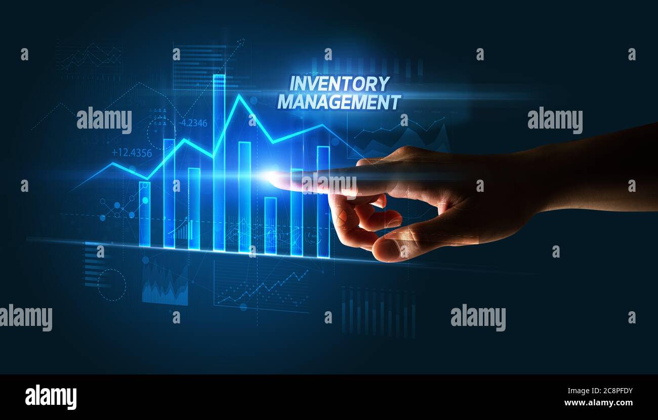 Hand touching INVENTORY MANAGEMENT button, business concept Stock Photo ...