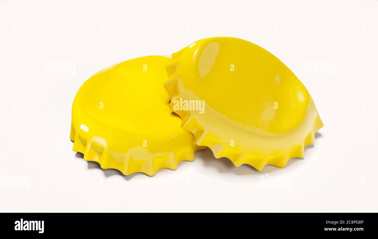 Pair of yellow beer caps on white background. 3D illustration Stock ...