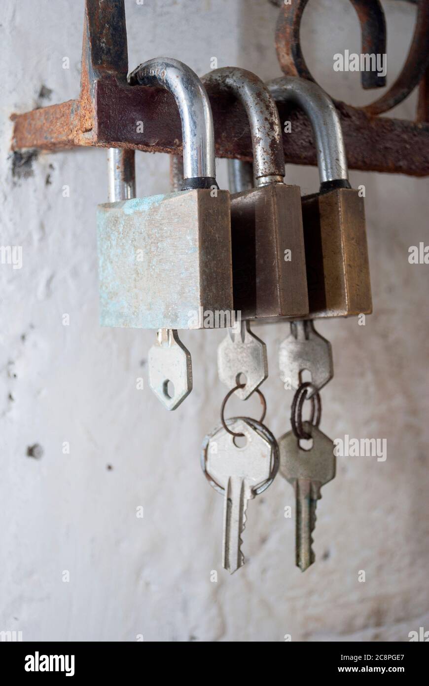 Old metal locks outdoors, rusty and neglected with their keys on Stock ...