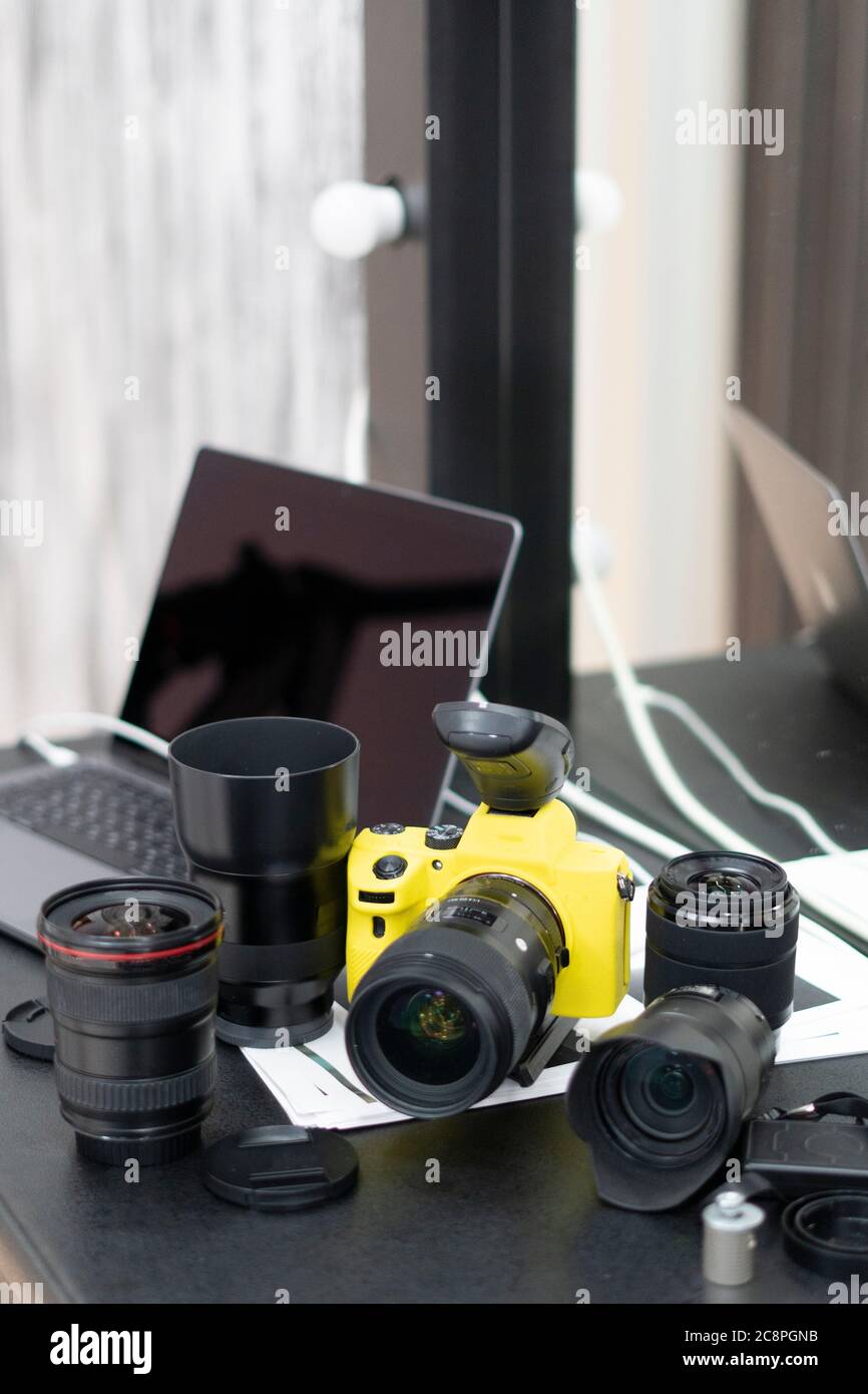 Camera Photography Design Studio Editing Concept. Camera in a yellow ...