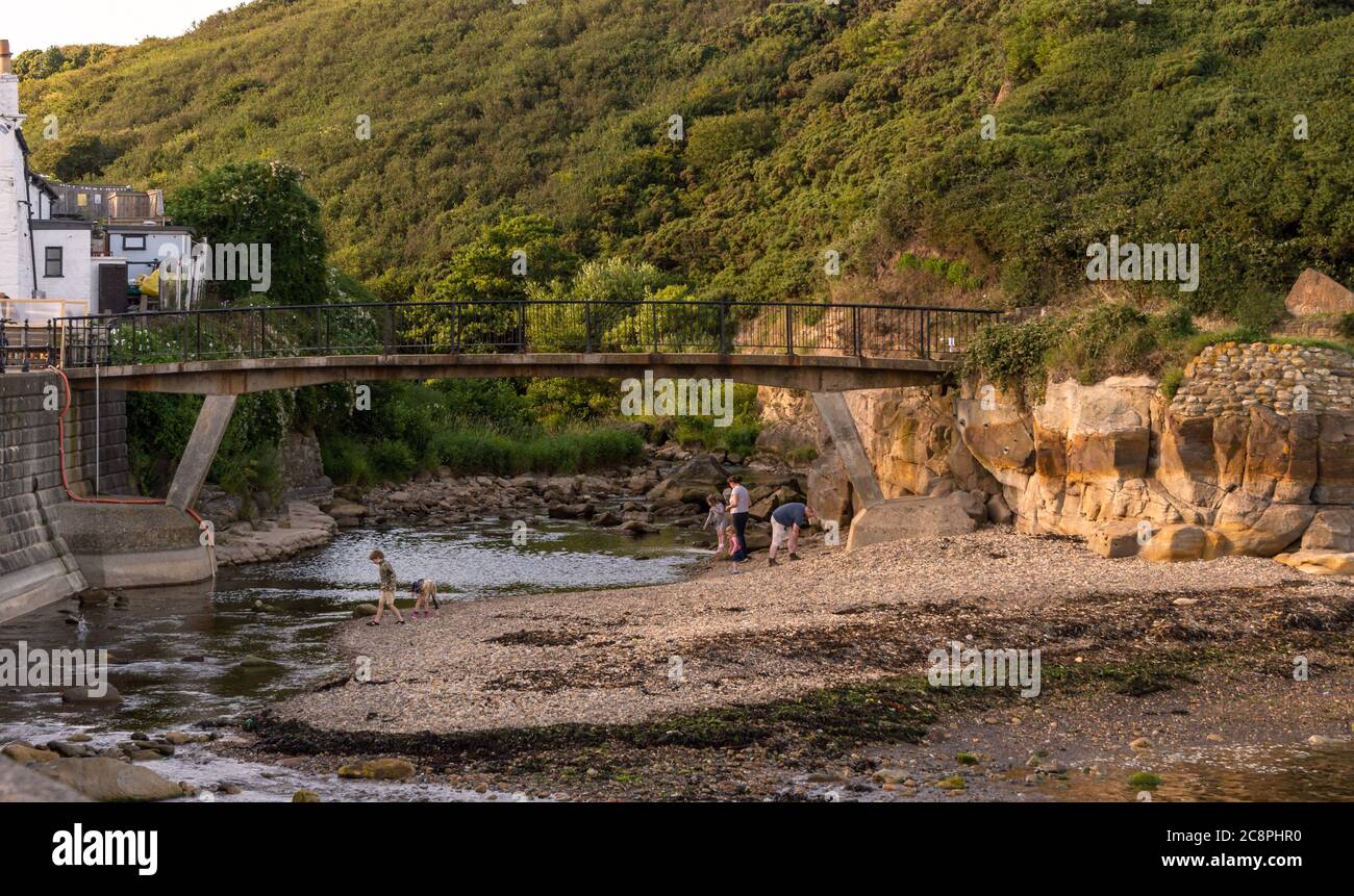 A bridge spans a ravine with a small stream running down to the sea ...