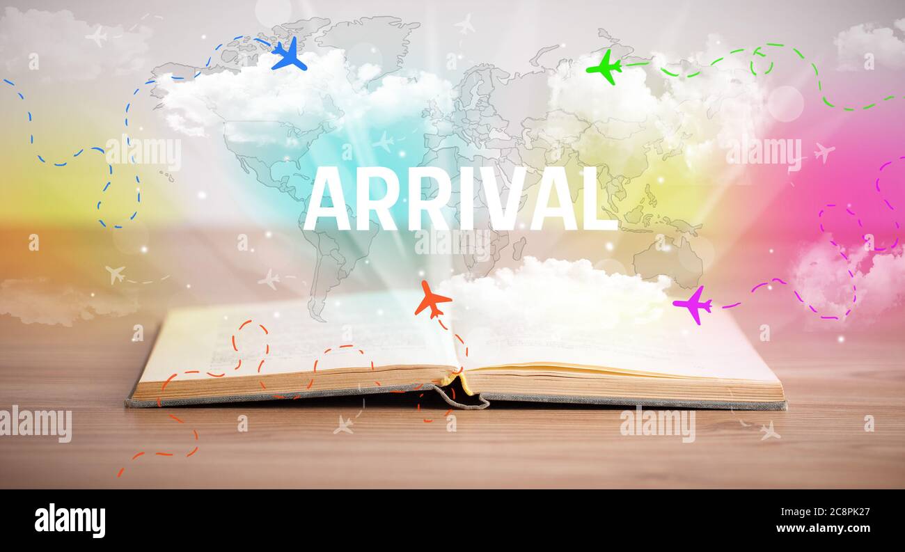 Open book with ARRIVAL inscription, vacation concept Stock Photo - Alamy