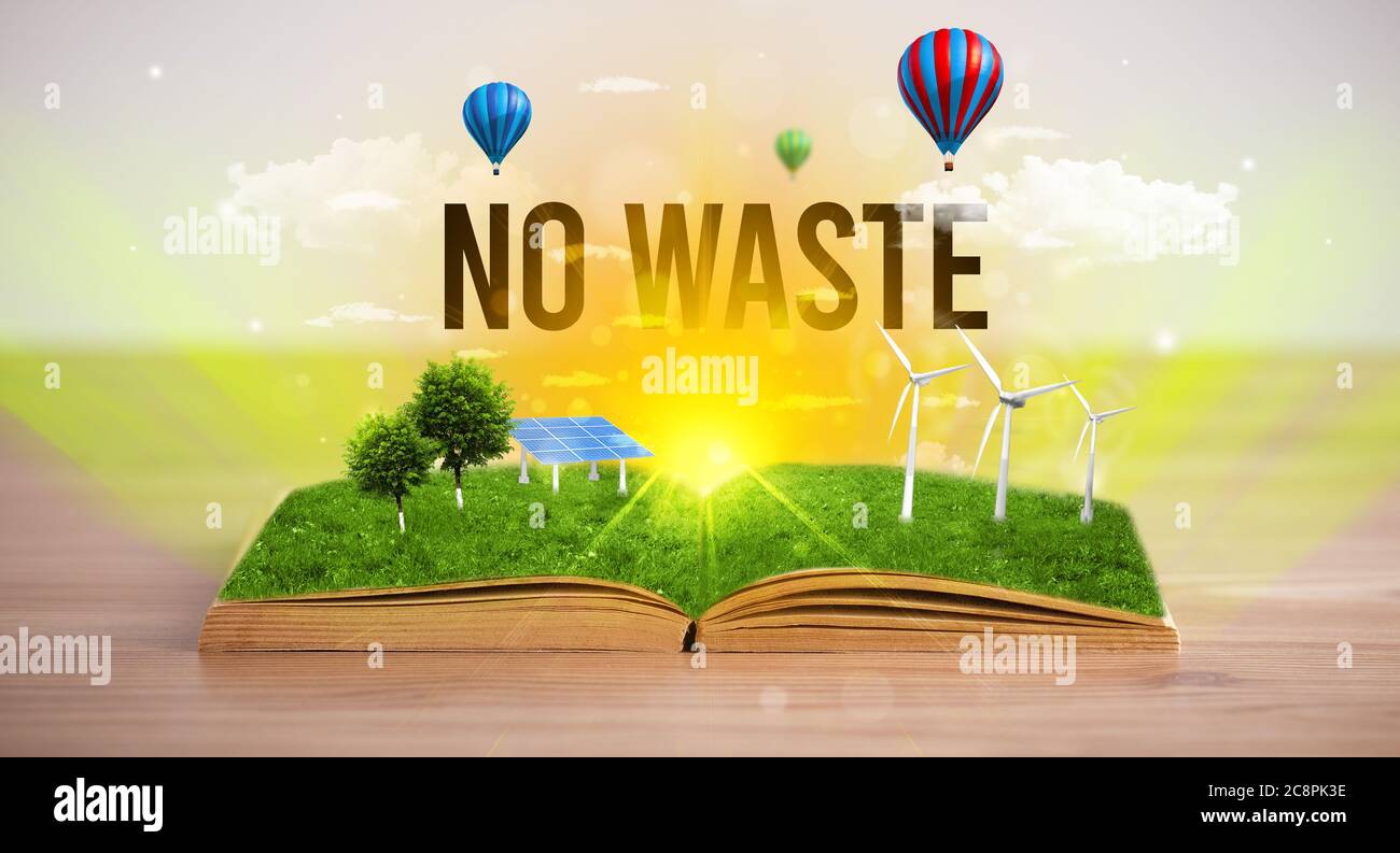 Open book with NO WASTE inscription, renewable energy concept Stock ...