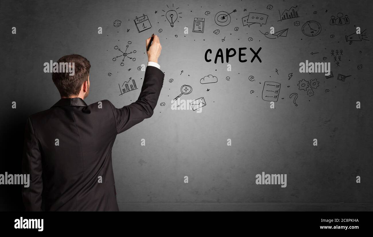 businessman drawing a creative idea sketch with CAPEX inscription ...
