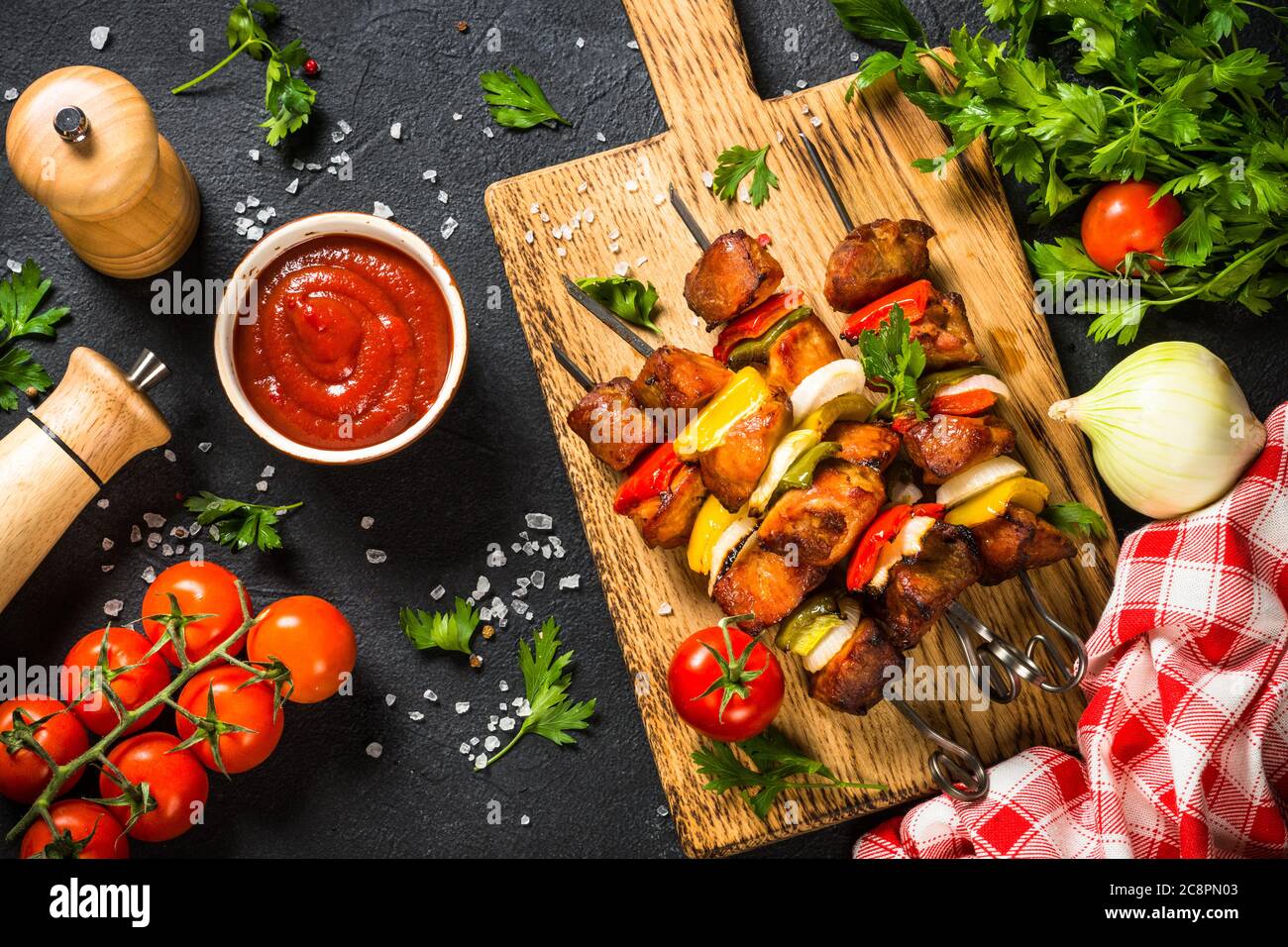 Shish kebab at skewers with vegetable Stock Photo - Alamy
