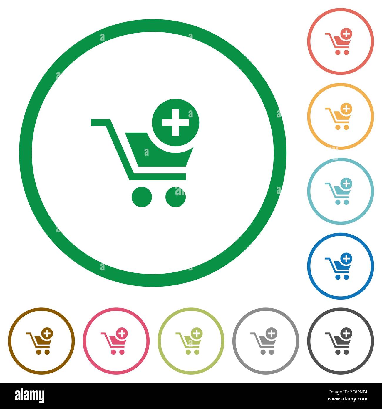 Set of Add to cart color round outlined flat icons on white background ...