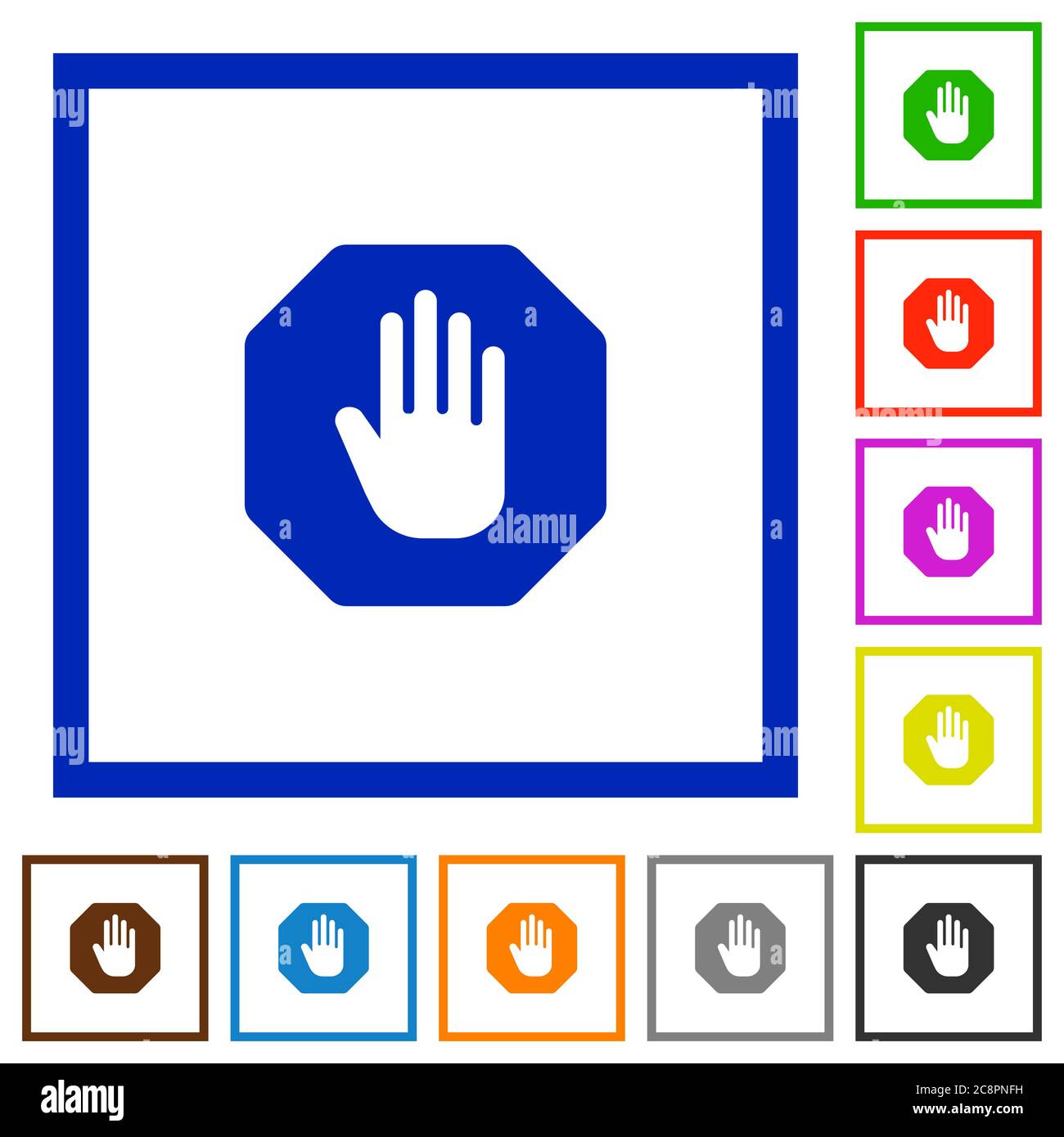 Set of color square framed stop sign flat icons on white background ...