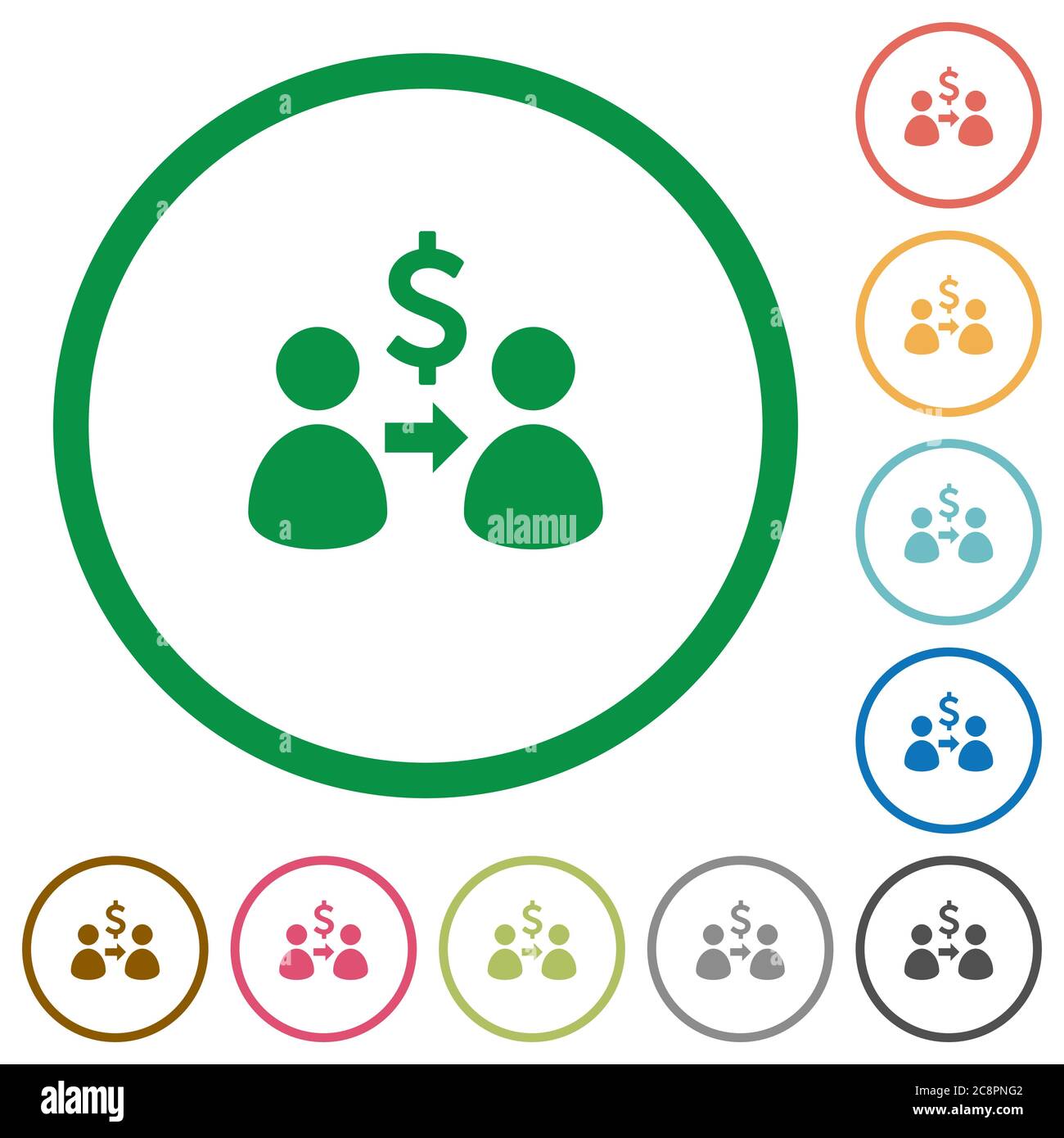 Set of send dollar color round outlined flat icons on white background ...