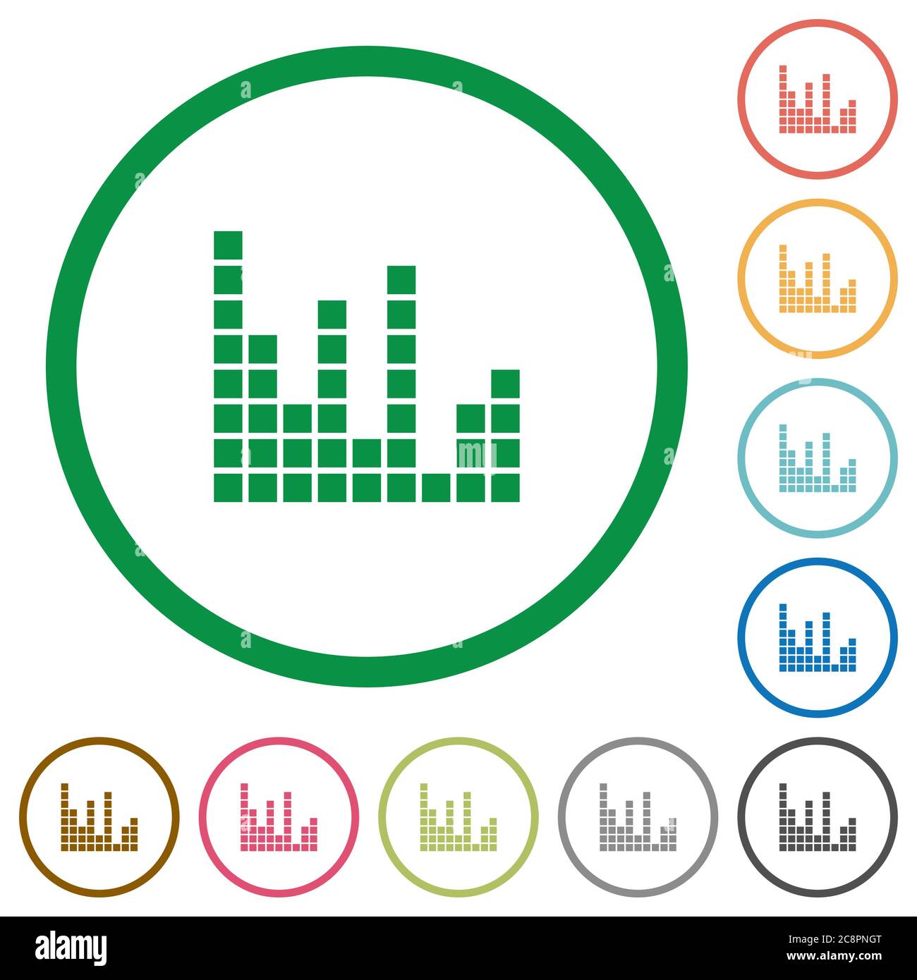 Set of Sound bars color round outlined flat icons on white background ...