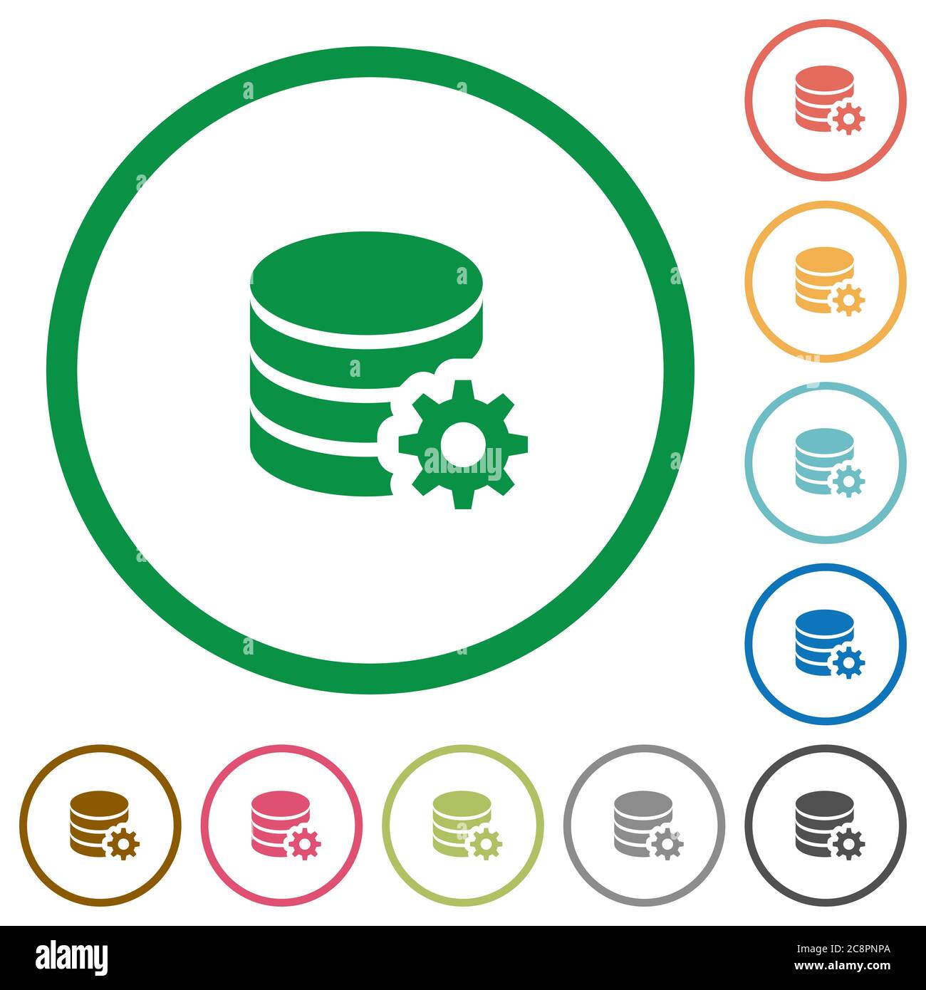 Set Of Database Configuration Color Round Outlined Flat Icons On White Background Stock Vector