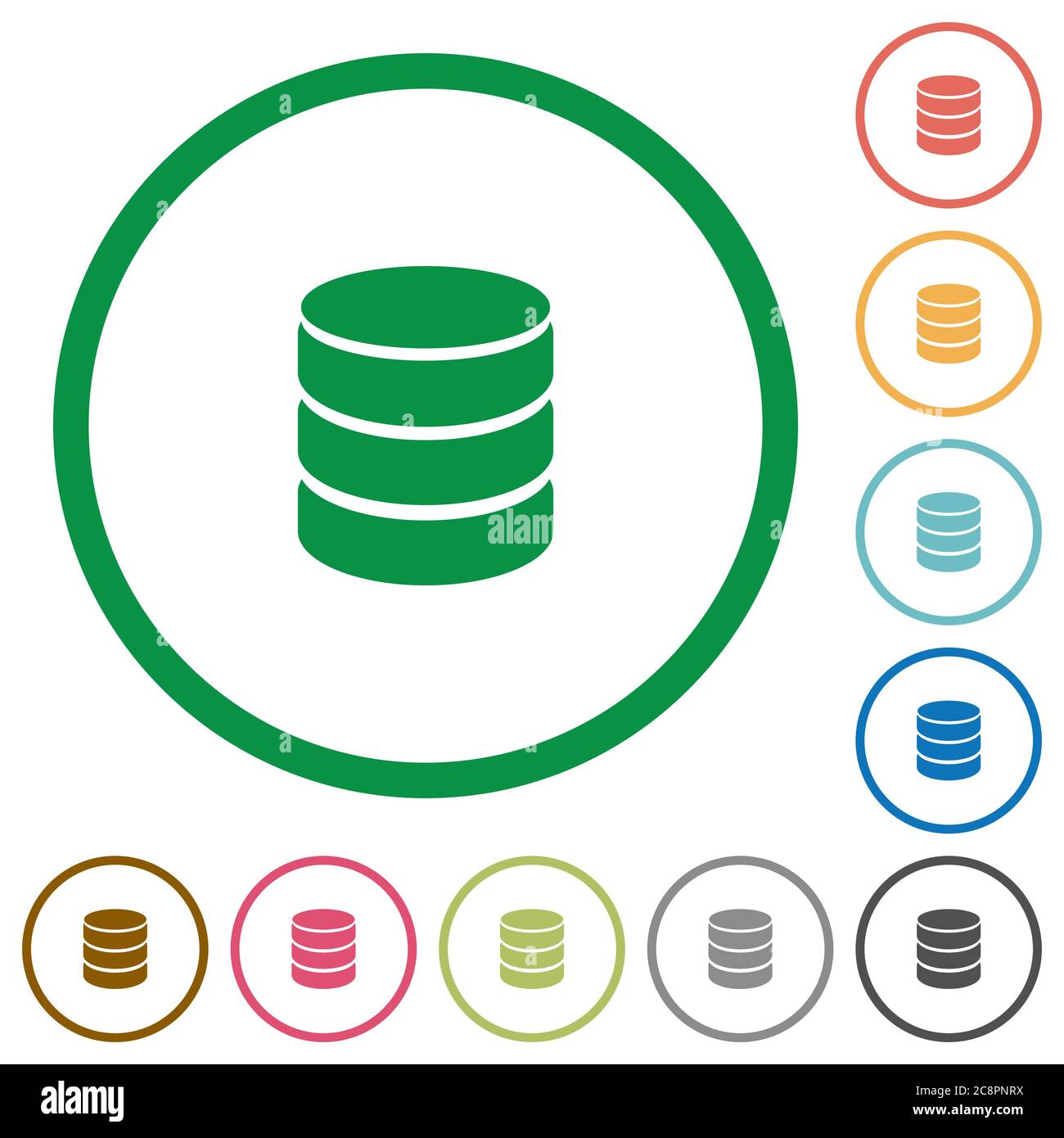 Set of database color round outlined flat icons on white background ...