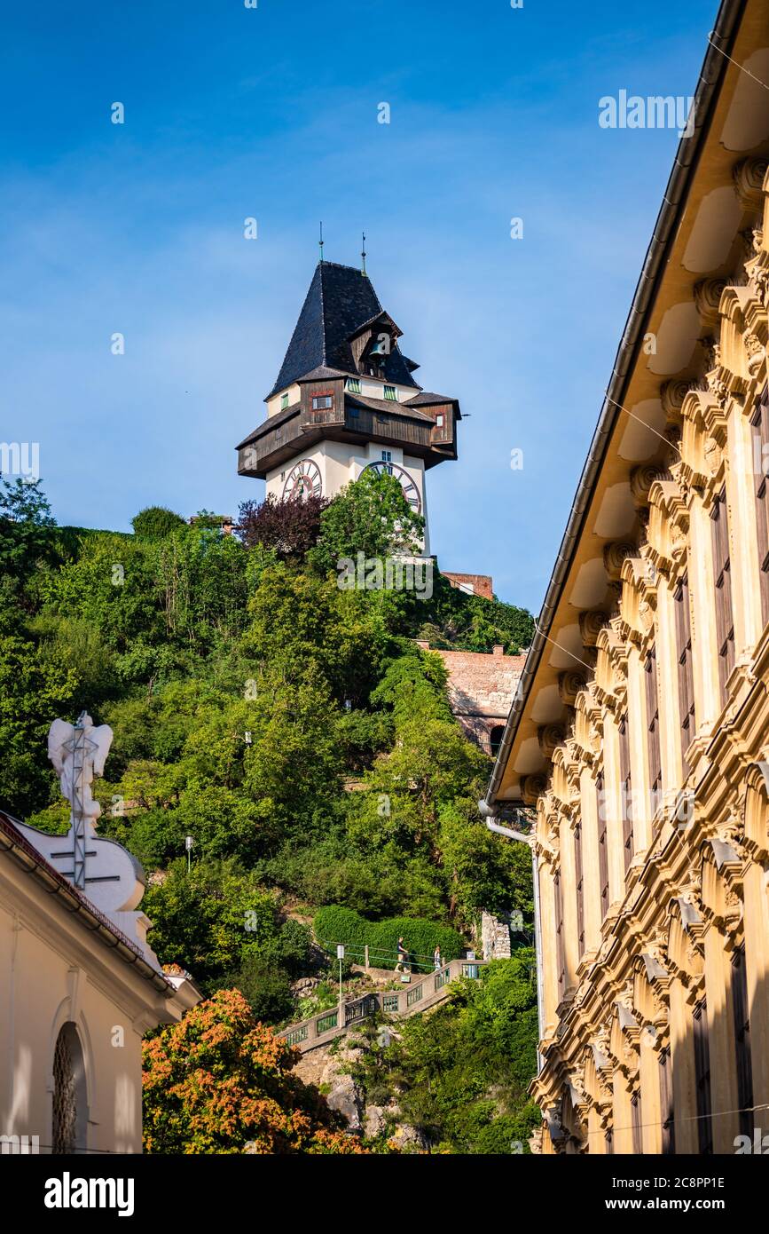 The clock tower, Uhrturm in Graz City. Famous historic structure on ...