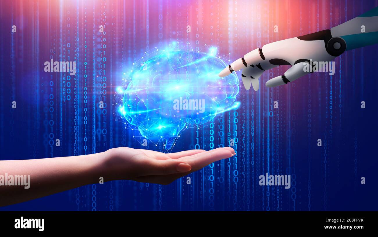 Creation Of AI. Human And Robotic Hand Touching Brain Hologram With ...