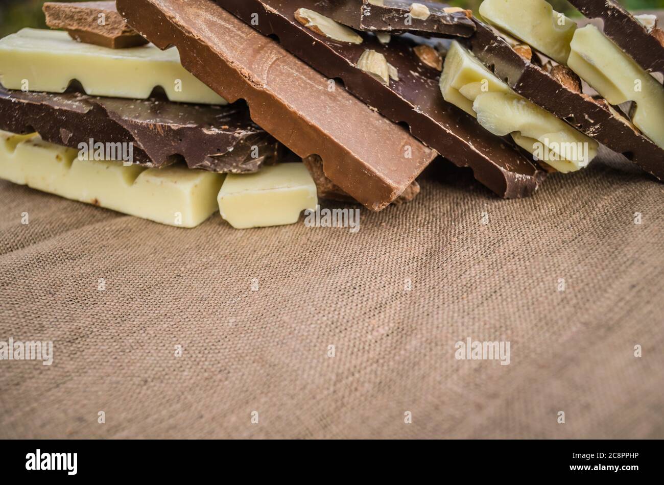 Various chocolate bar pieces. Dark, milk and white chocolate bar Stock ...