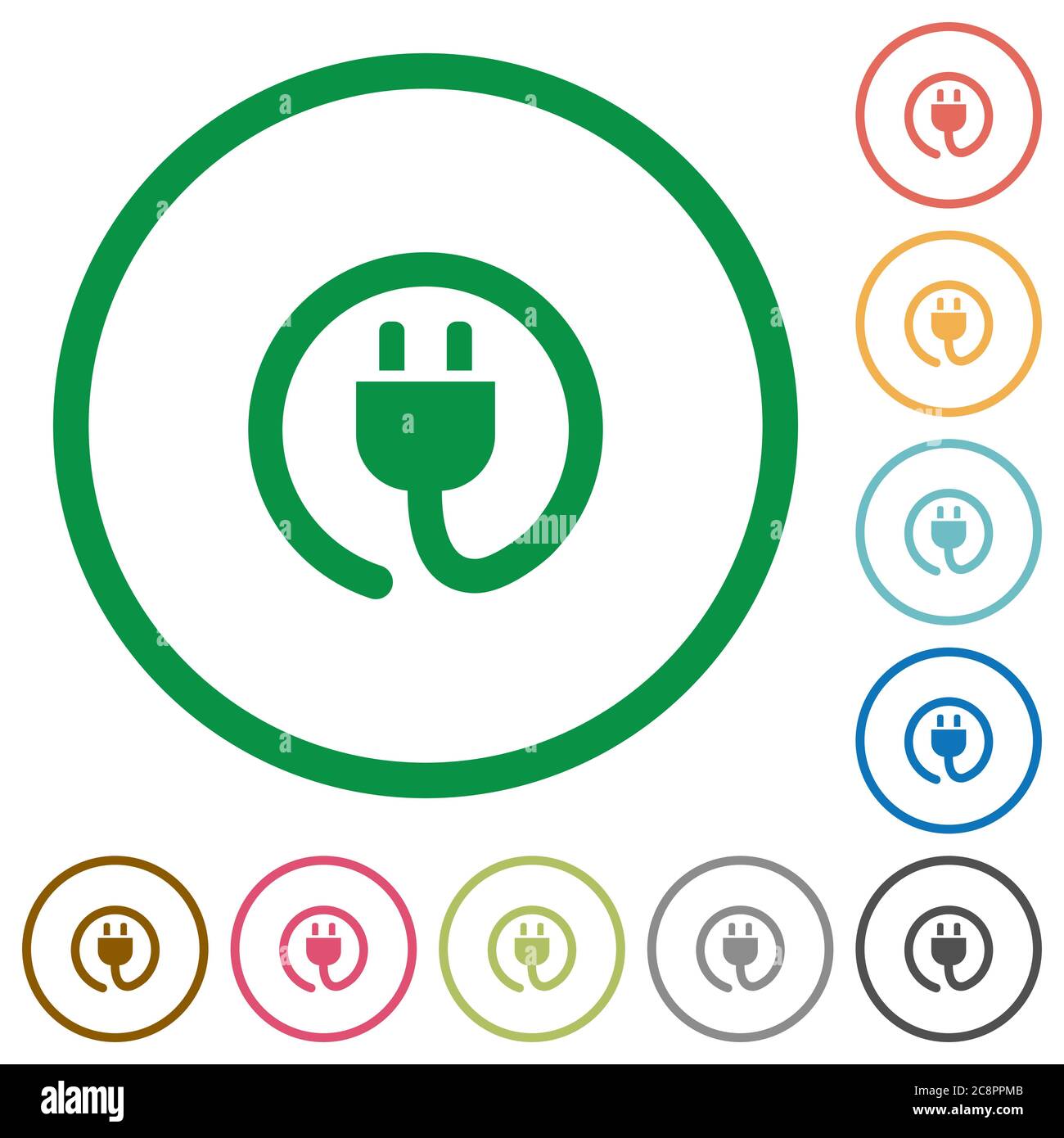 Set of power cord color round outlined flat icons on white background ...