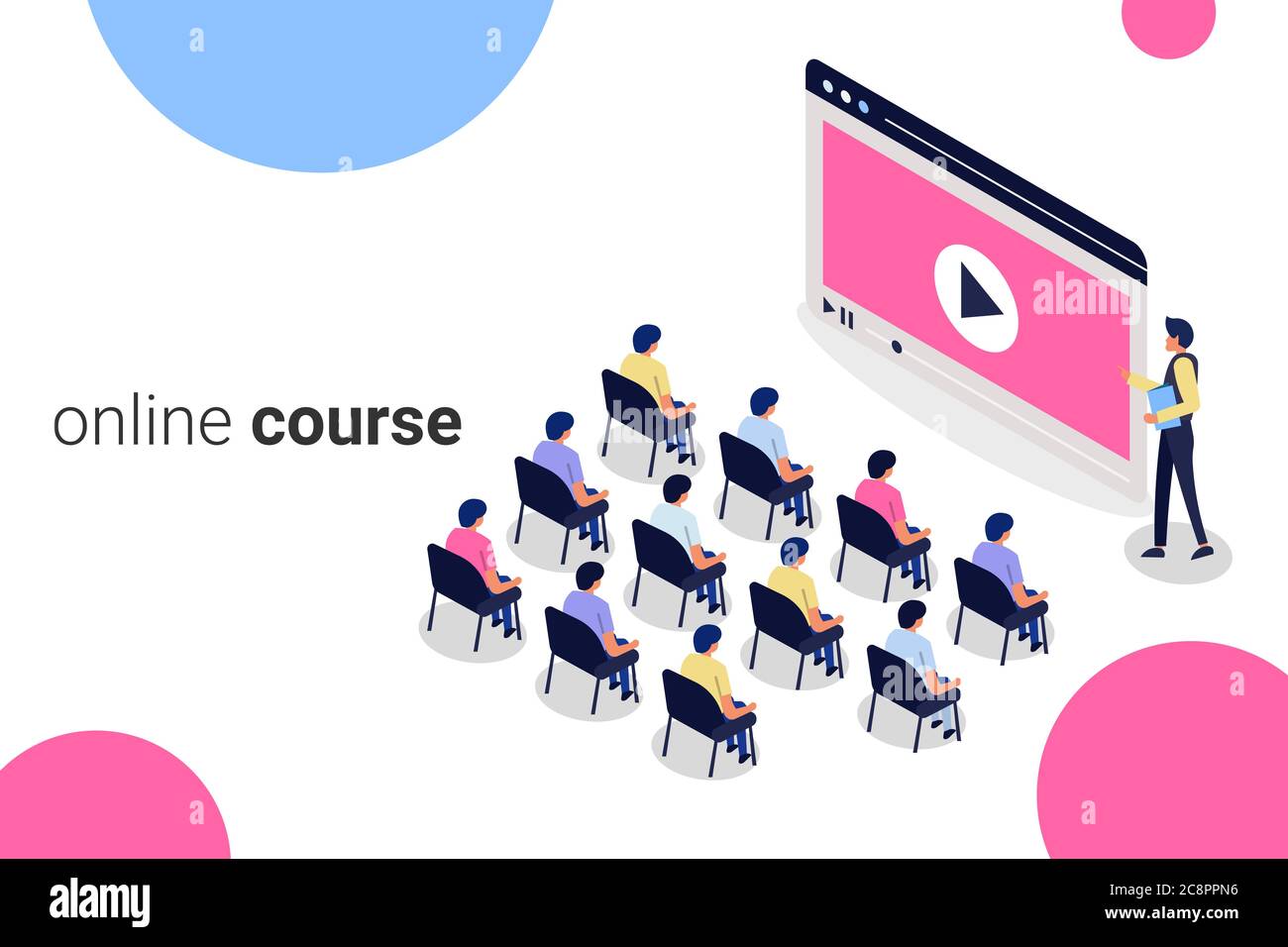 People On Webinar Sitting In Front Of Screen, White Background Stock ...