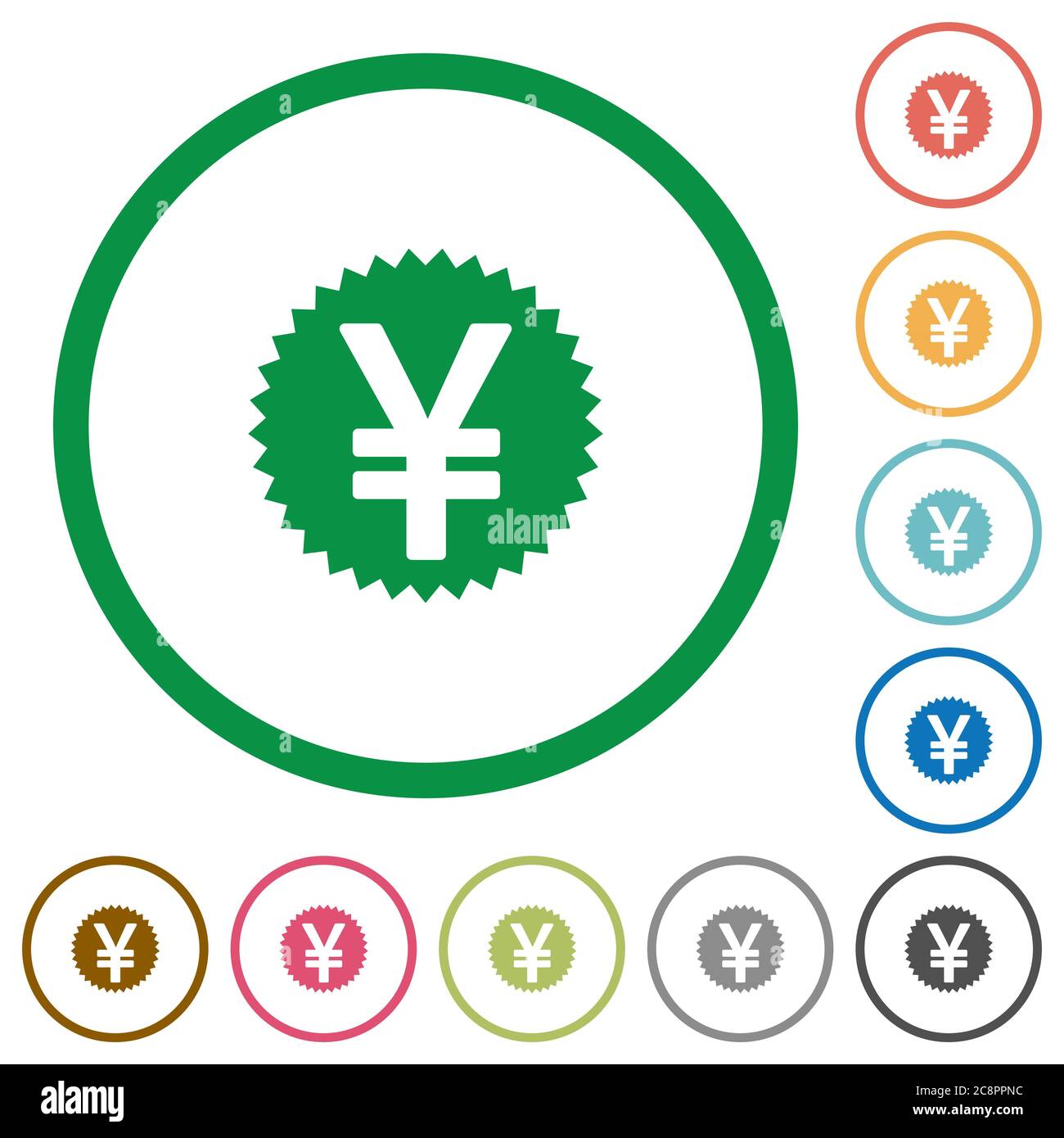 Set of yen sticker color round outlined flat icons on white background ...