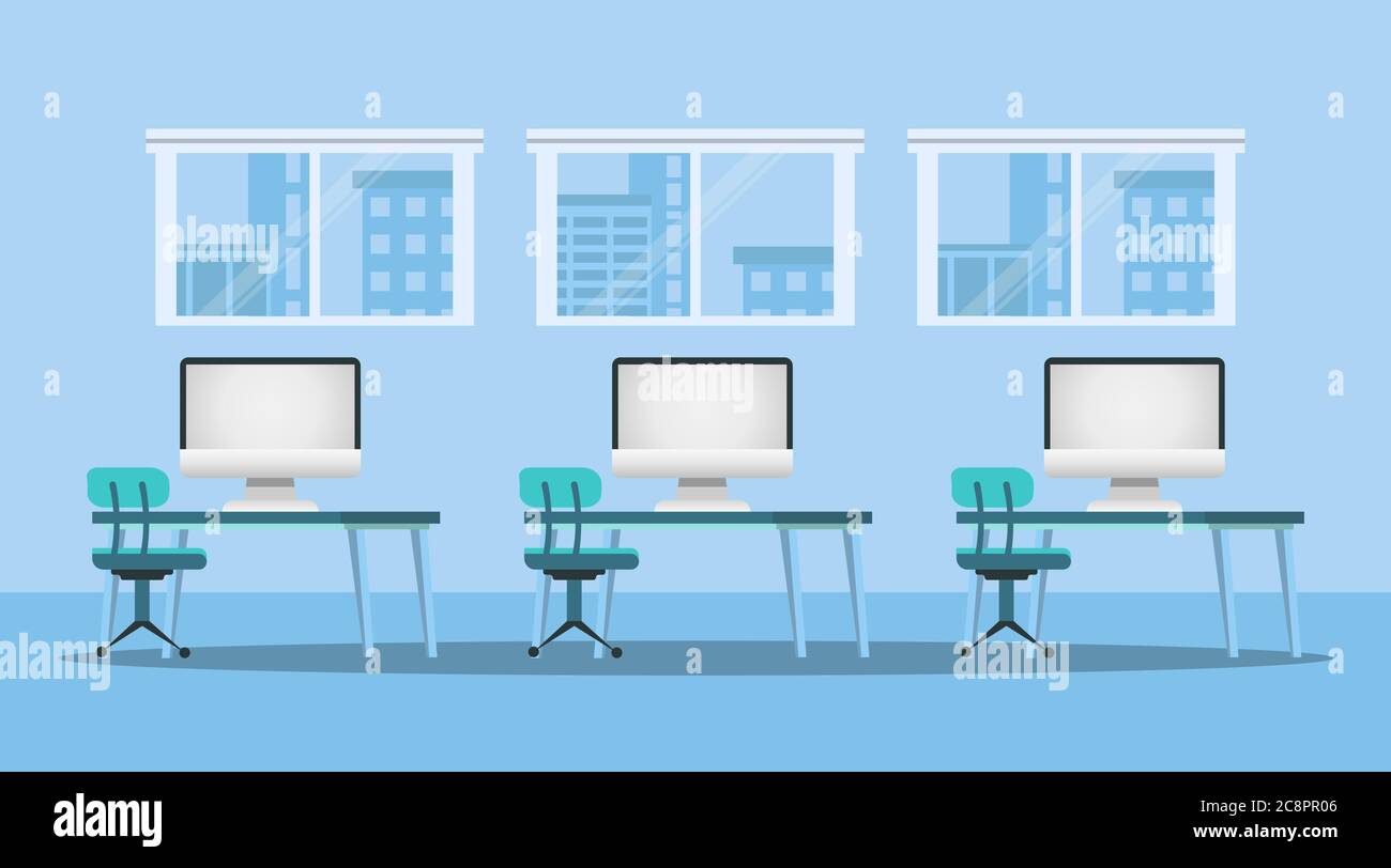 Computer Classroom With No Pupils Indoor, Blue Background, Vector ...