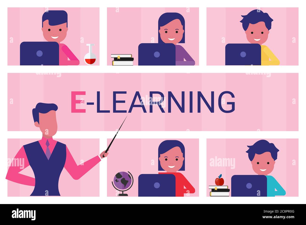 Teacher Teaching Kids At Laptops During Online Class, Pink Background ...