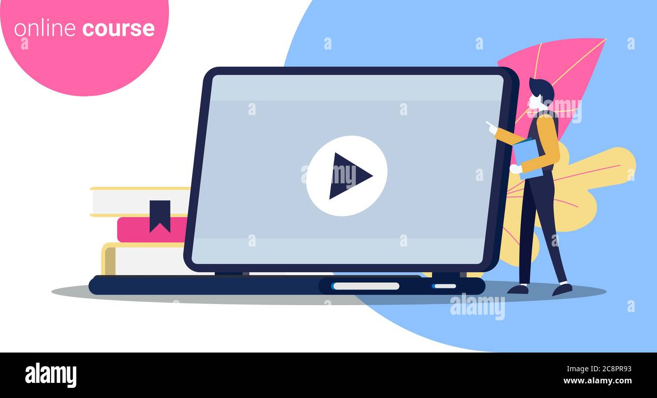 Man Standing Near Laptop Screen Studying Online, White Background ...