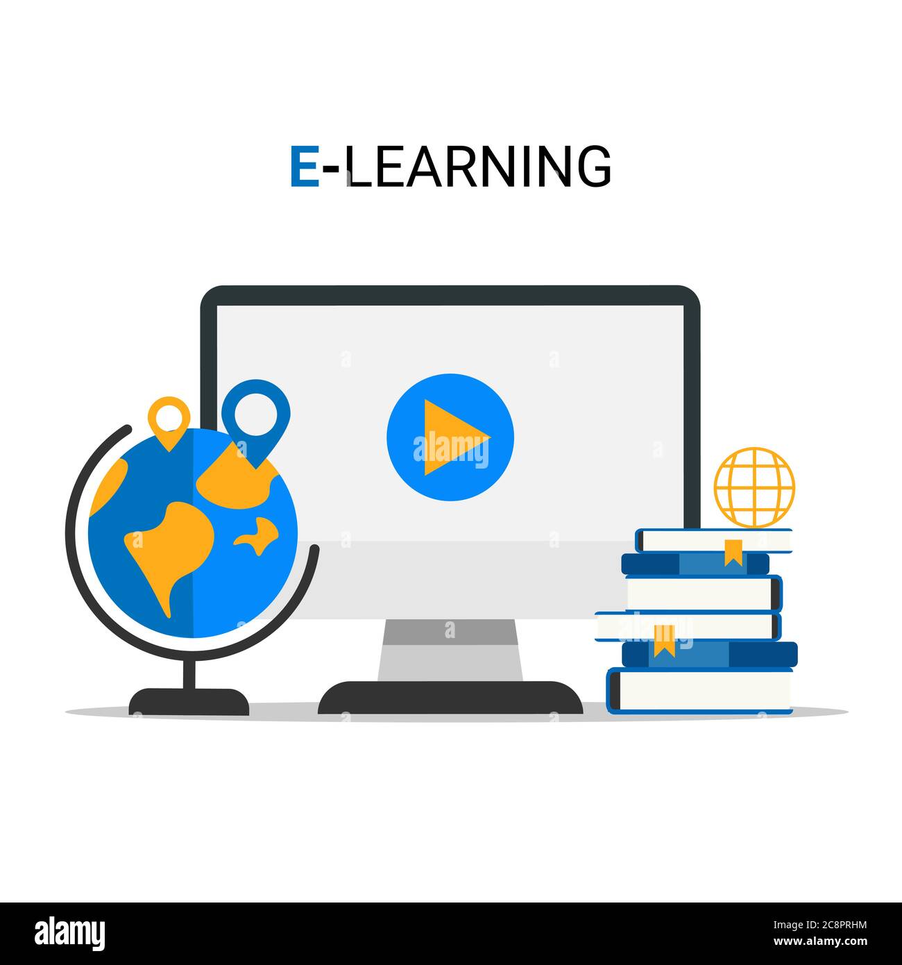 Computer With Globe And Books Over White Background, Illustration ...