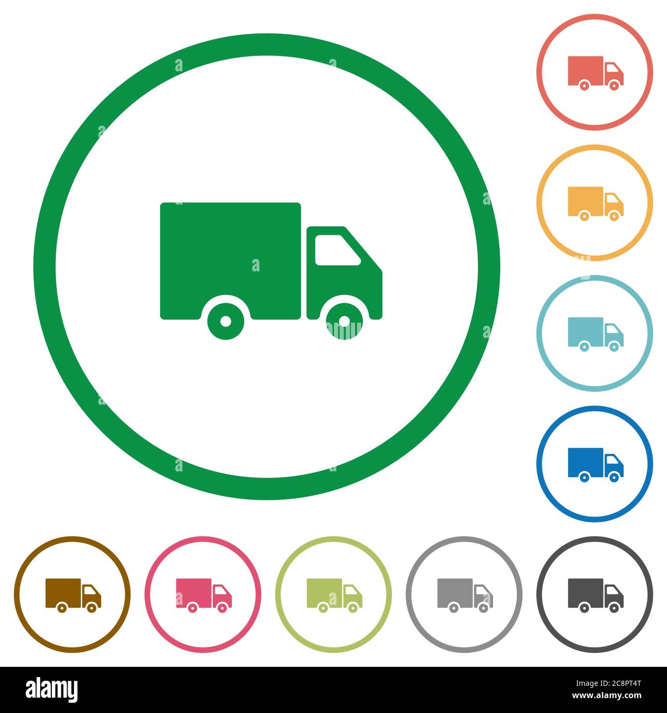 Set of delivery truck color round outlined flat icons on white ...