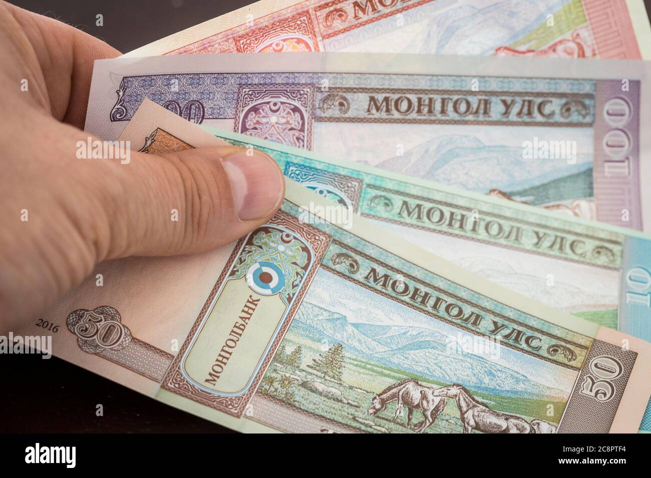 Mongolia currency, Tugrik money, Various banknotes held in the hand ...