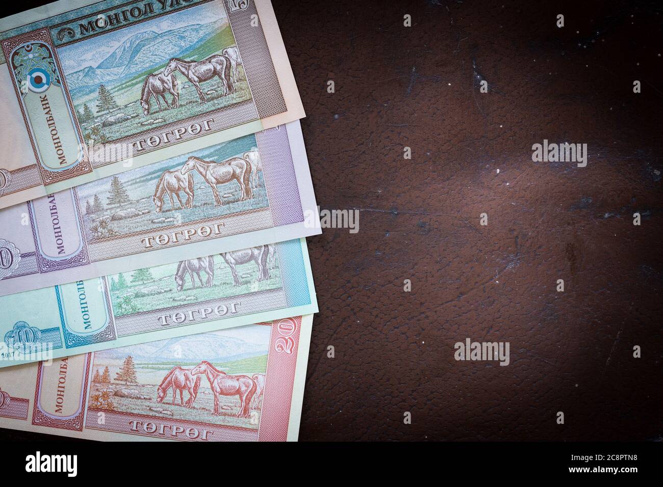 Mongolia currency, Tugrik money, Various banknotes, Place for text ...