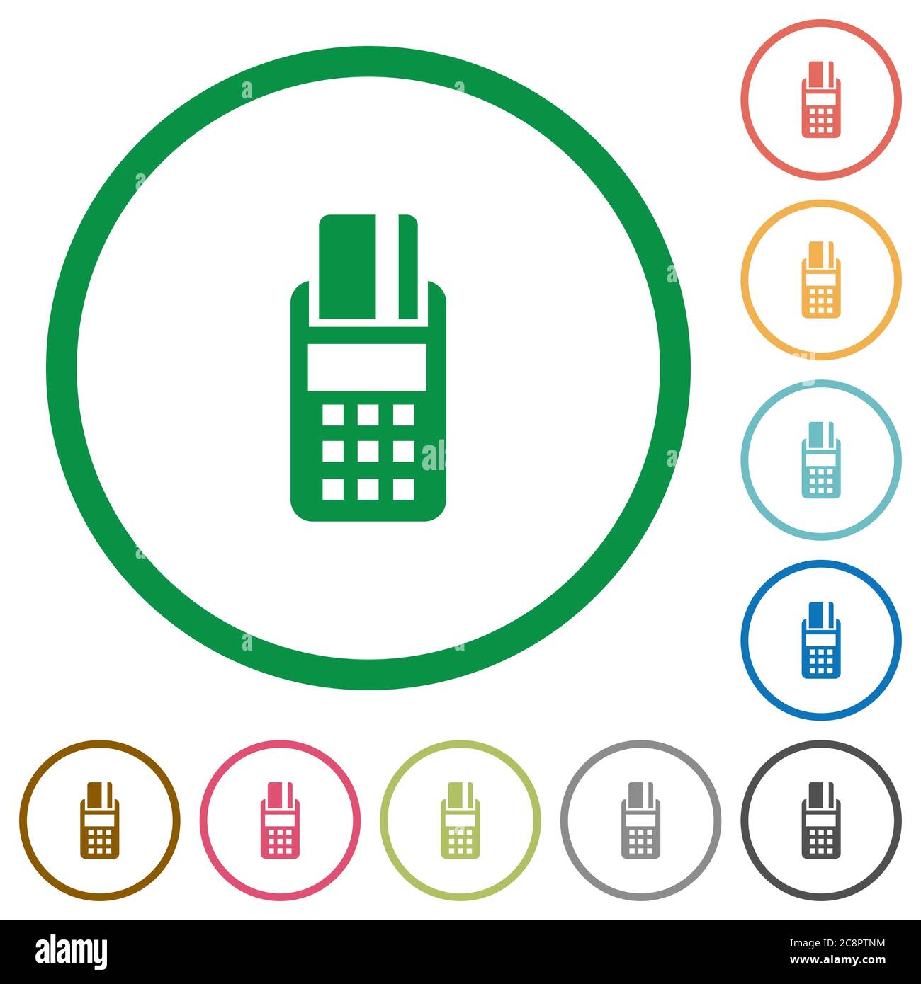 Set of POS terminal color round outlined flat icons on white background ...
