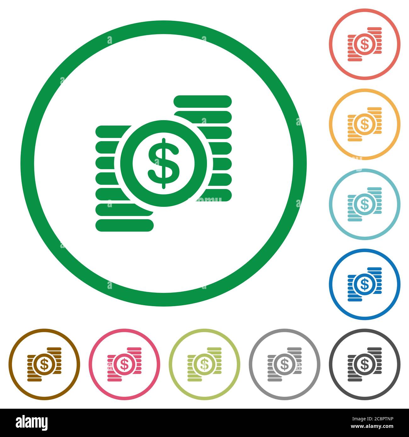 Set of dollar coins color round outlined flat icons on white background ...