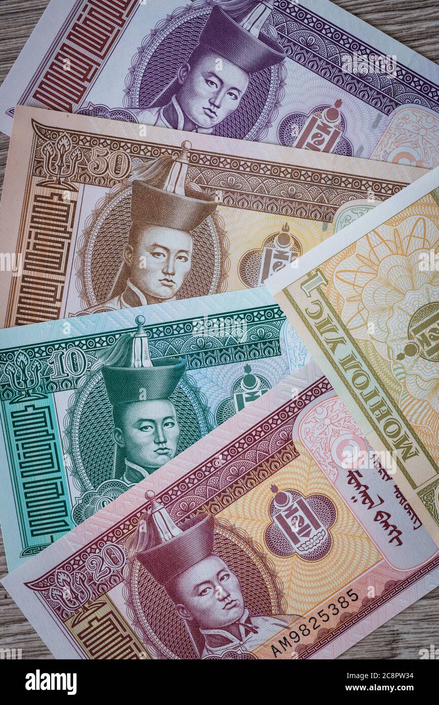 Mongolia currency, Tugrik money, Various banknotes Stock Photo - Alamy