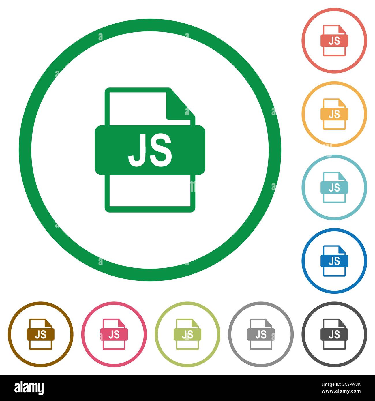 Set of JS file format color round outlined flat icons on white ...