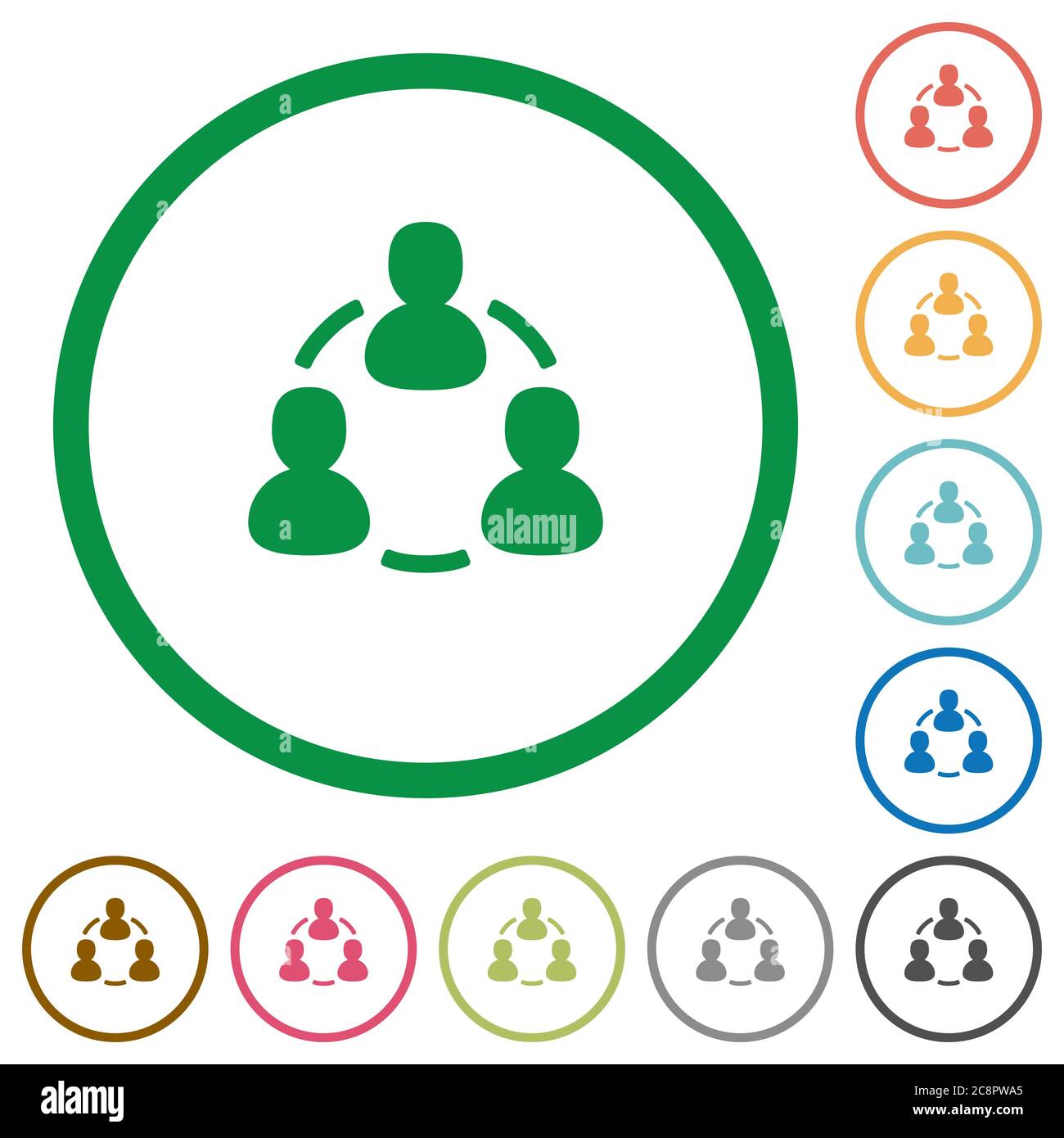 Set of connected users color round outlined flat icons on white ...