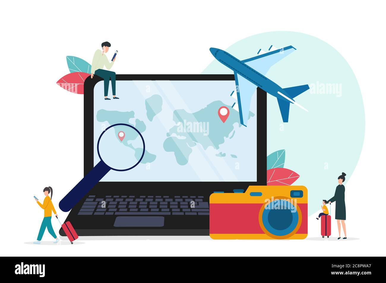 Travel Illustration With Laptop And Travellers Searching Destinations ...
