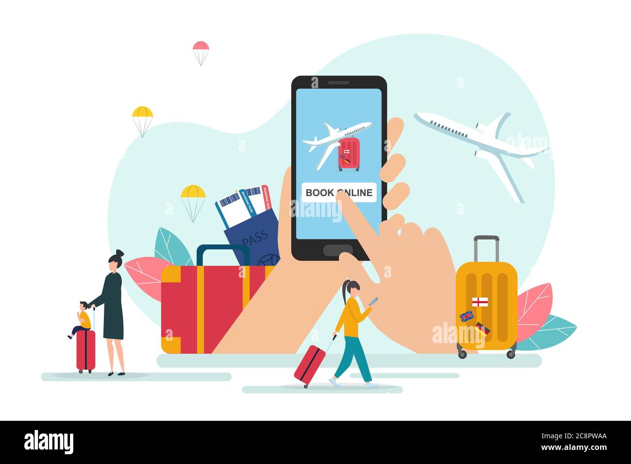 Travel Illustration With Smartphone And Travellers Booking Flights ...