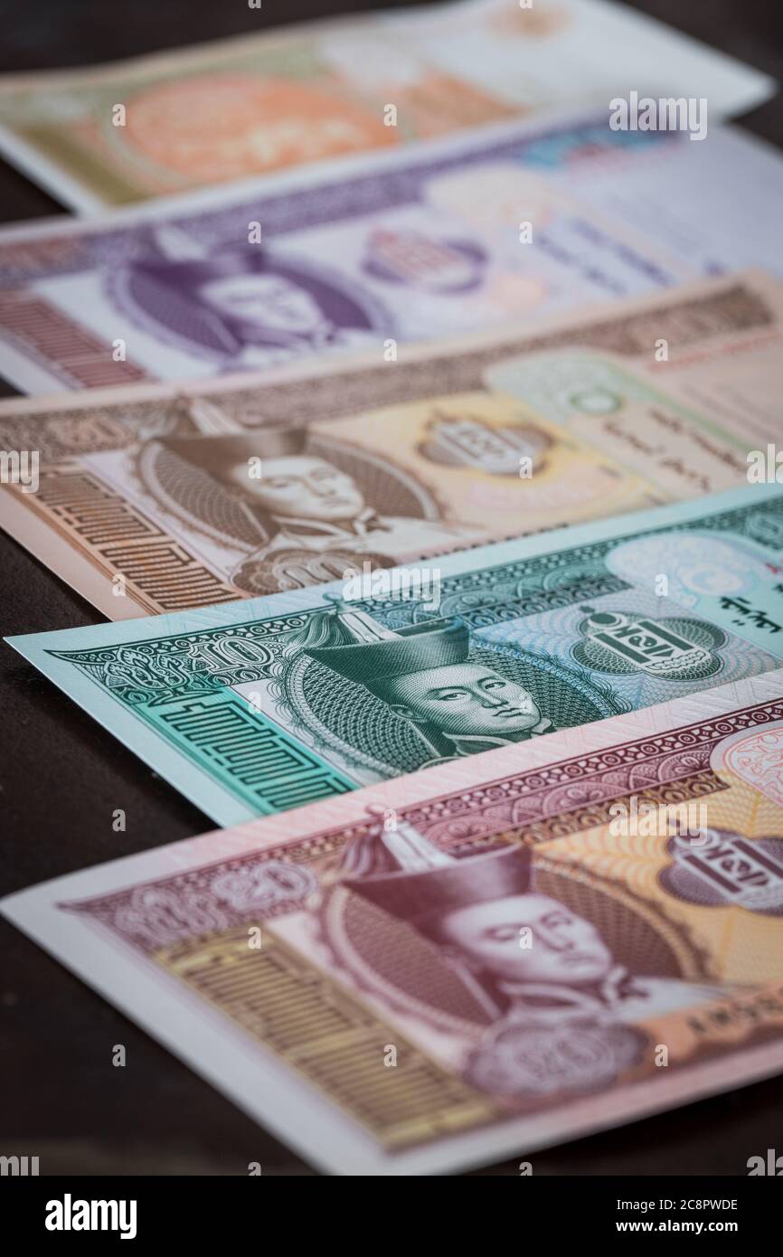 Mongolia currency, Tugrik money, Various banknotes Stock Photo - Alamy