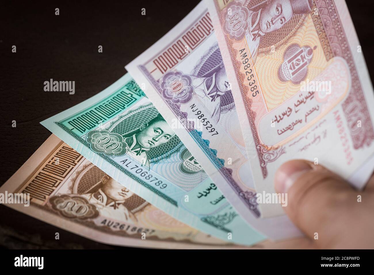Mongolia currency, Tugrik money, Various banknotes held in the hand ...