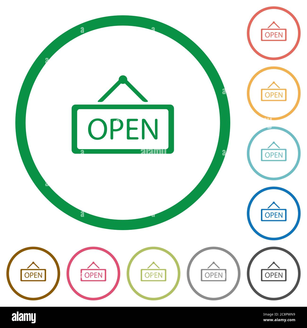 Set of open sign color round outlined flat icons on white background ...