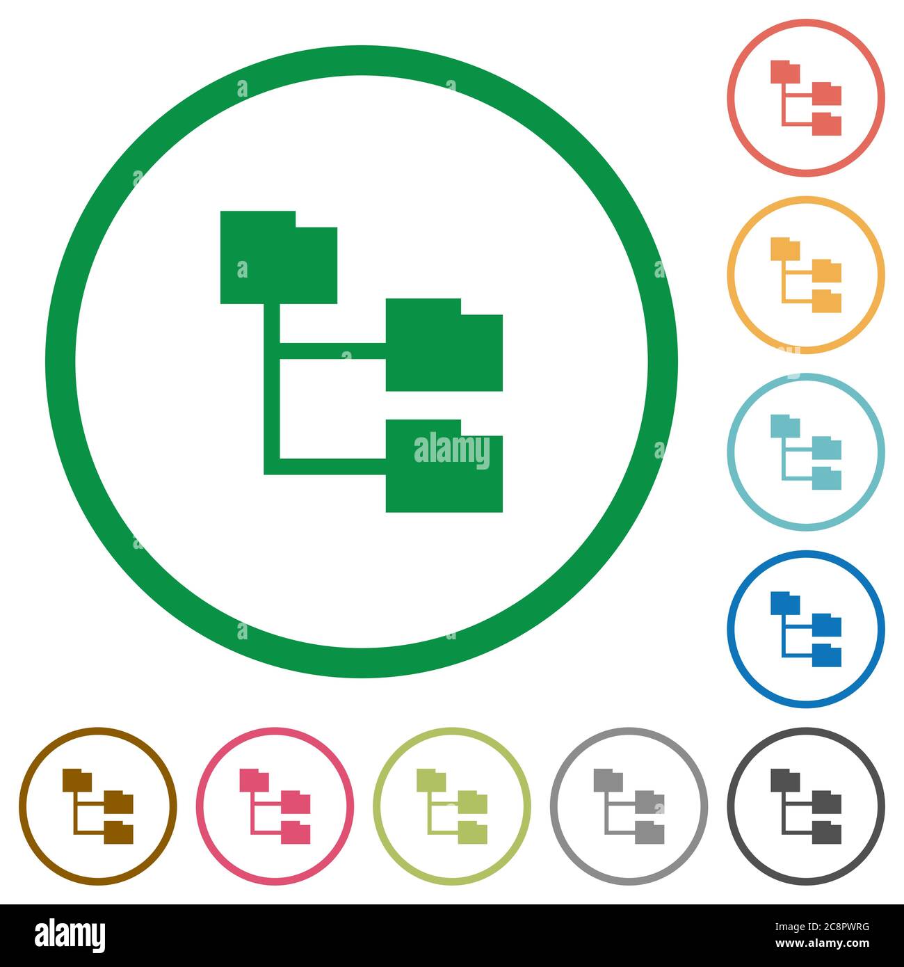 Set of folder structure color round outlined flat icons on white ...