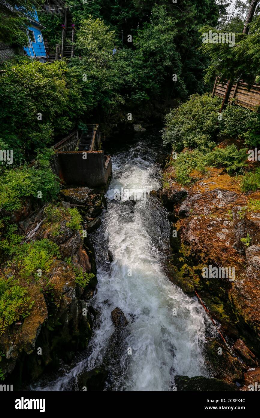 River running through Creek street in Ketchikan, Alaska, the salmon ...