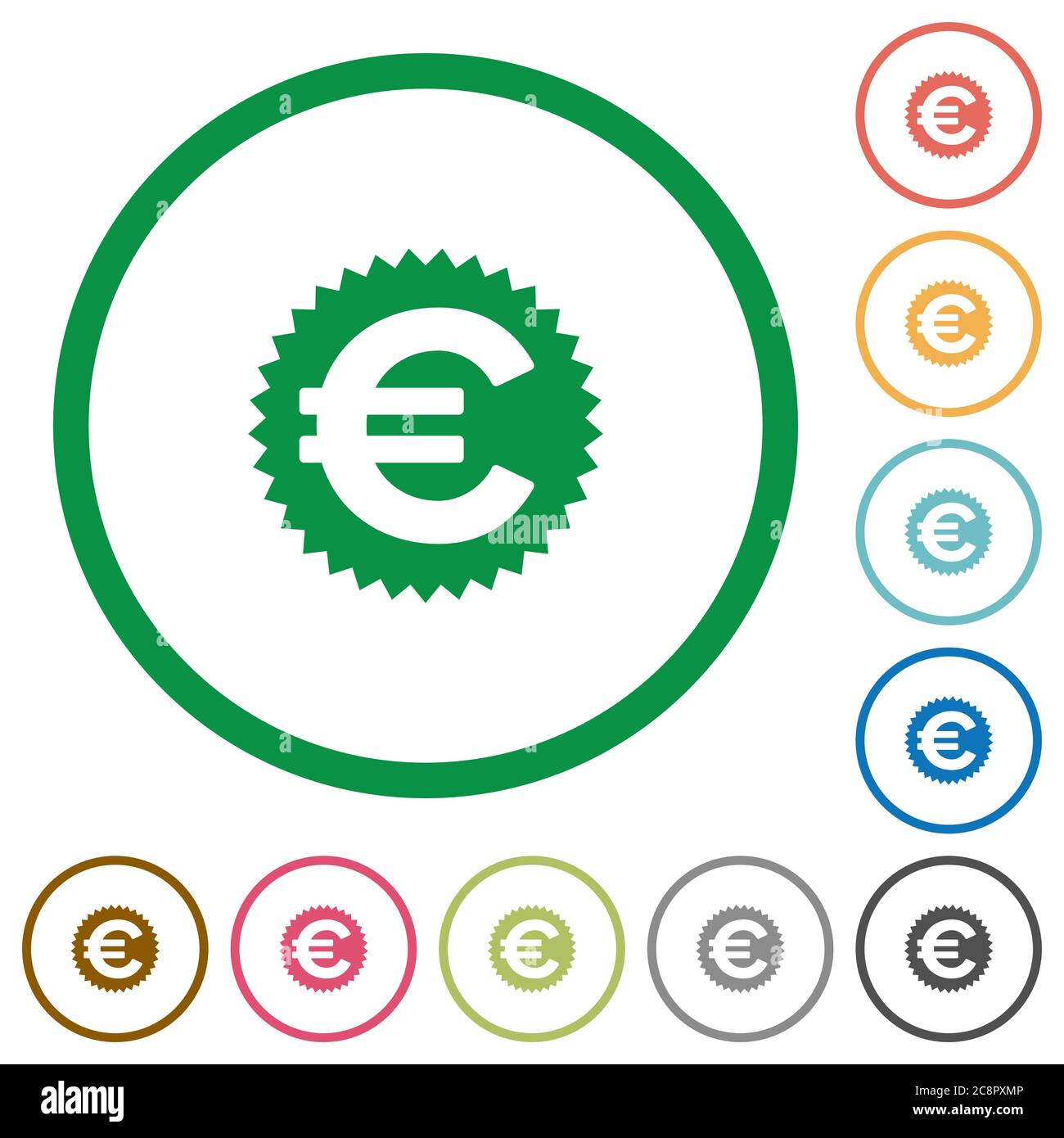 Set of euro sticker color round outlined flat icons on white background ...