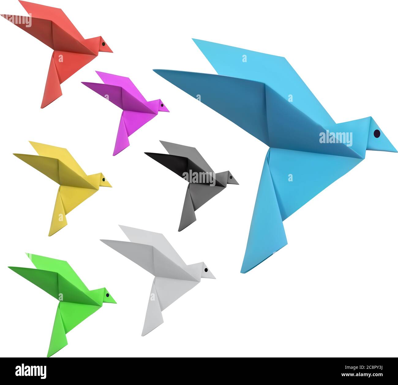 Seven blue origami birds are flying leading by a blue bird, isolated on ...