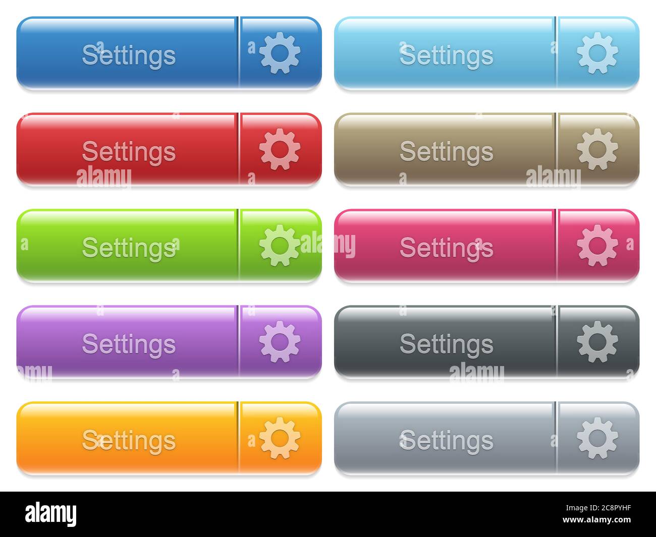 Set of settings glossy color captioned menu buttons with embossed icons ...