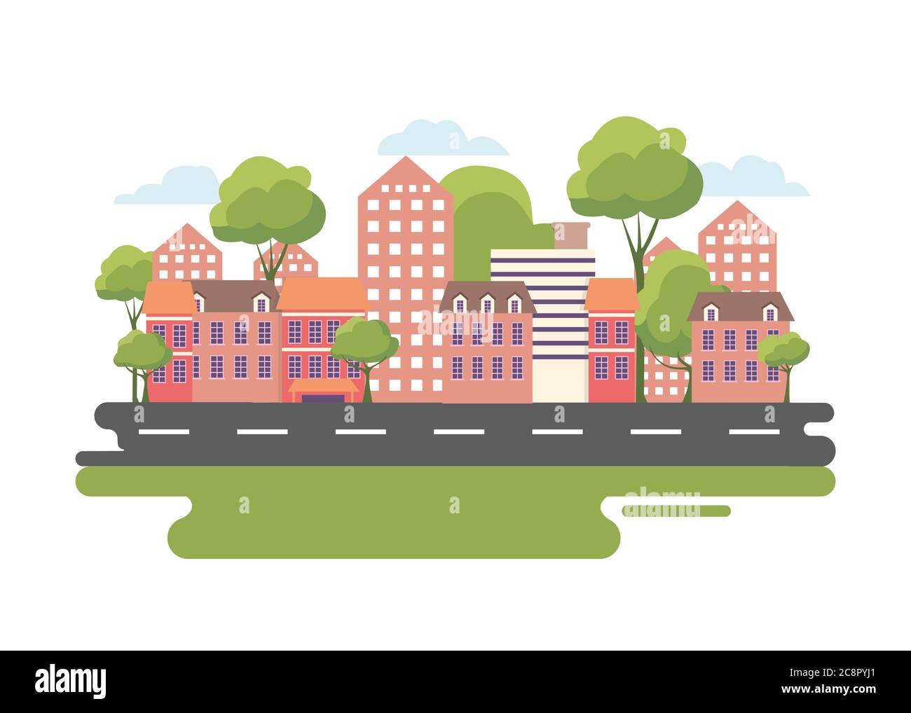 Vector illustration of buildings with trees and road Stock Vector Image ...