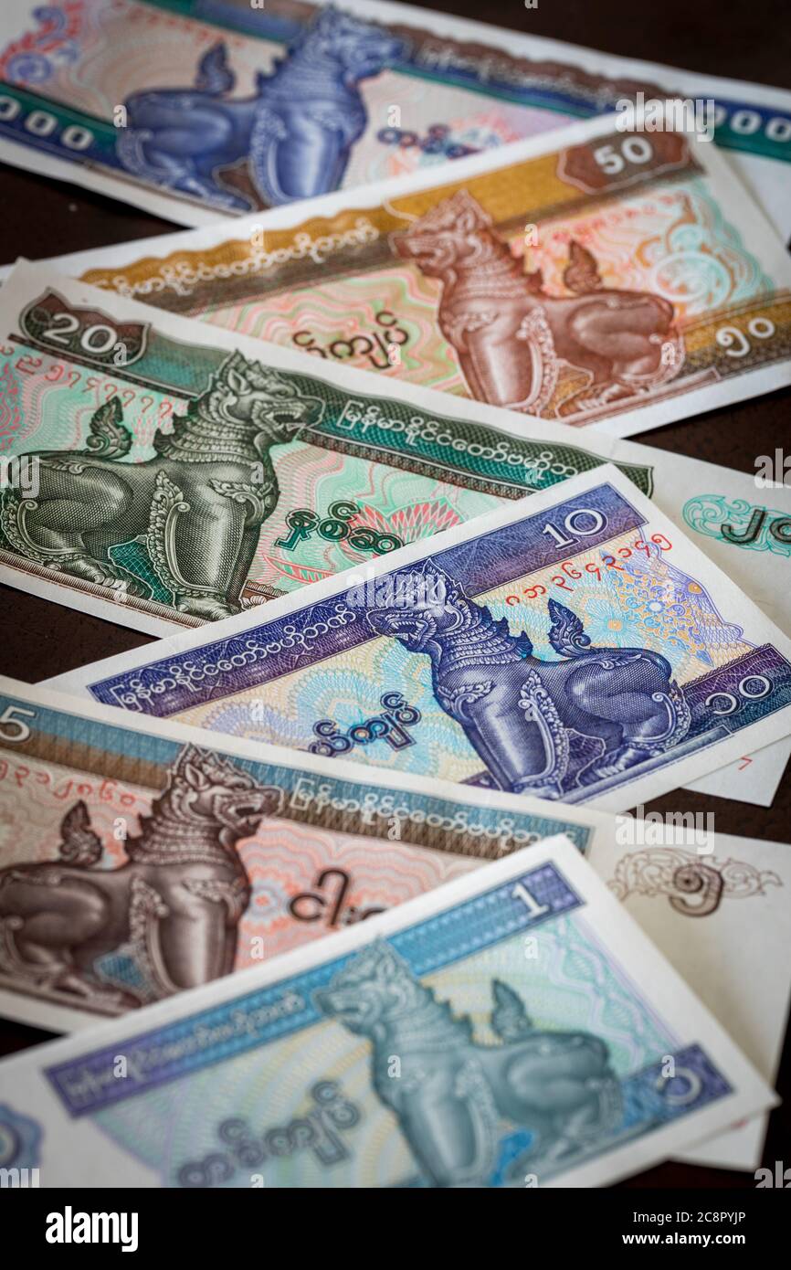Money from Myanmar, Kyat, Banknotes of various denominations Stock ...