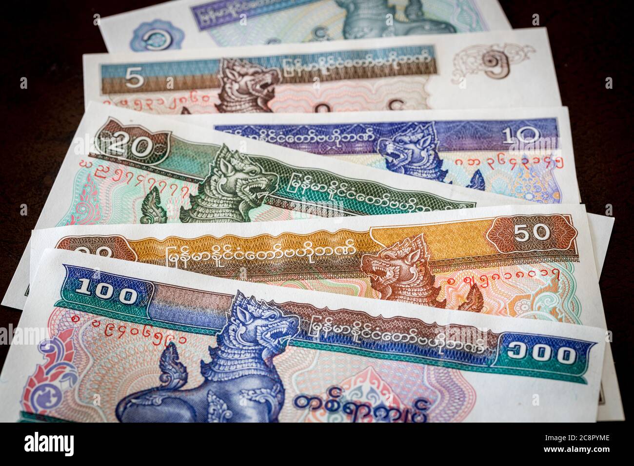 Money from Myanmar, Kyat, Banknotes of various denominations Stock ...