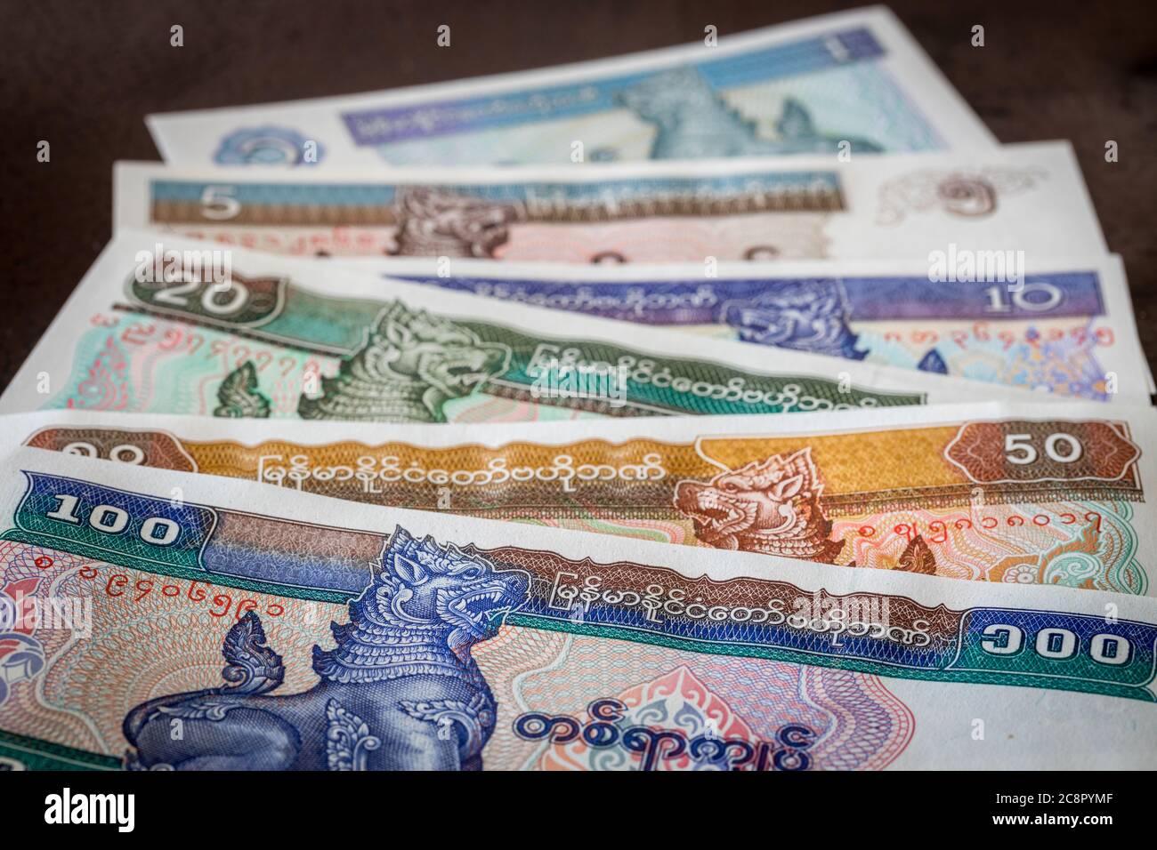 Money from Myanmar, Kyat, Banknotes of various denominations Stock ...
