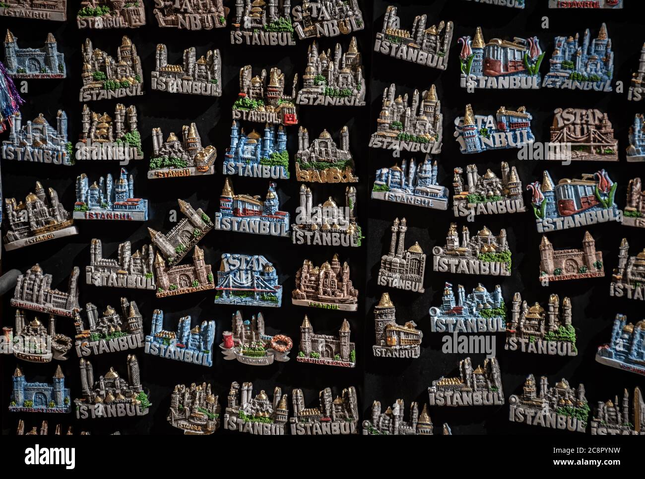 dozens of istanbul concepts magnet souvenirs on a black platform Stock ...