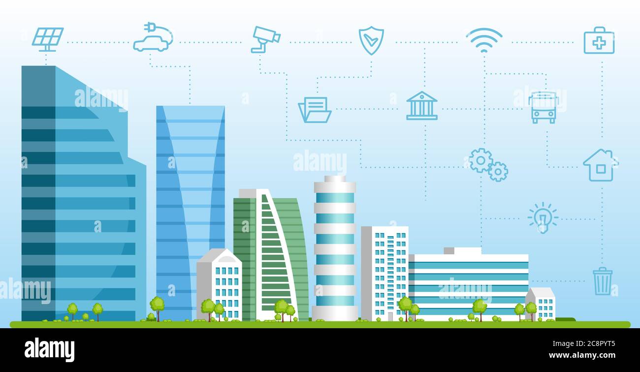 Modern City Landscape With Urban Buildings and Different Infographic ...