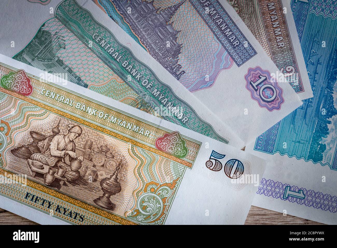 Money from Myanmar, Kyat, Banknotes of various denominations Stock ...